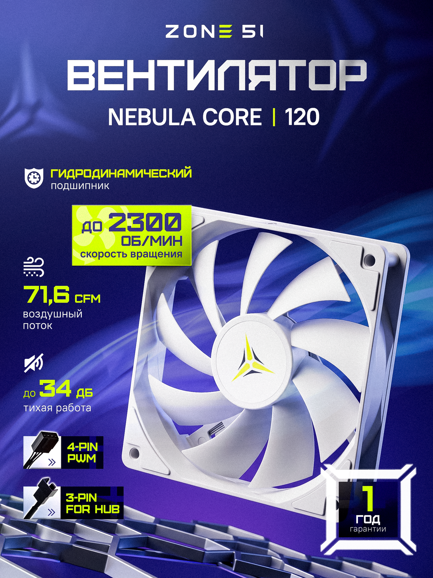 Вентилятор для компьютера ZONE 51 NEBULA CORE 120 White, белый