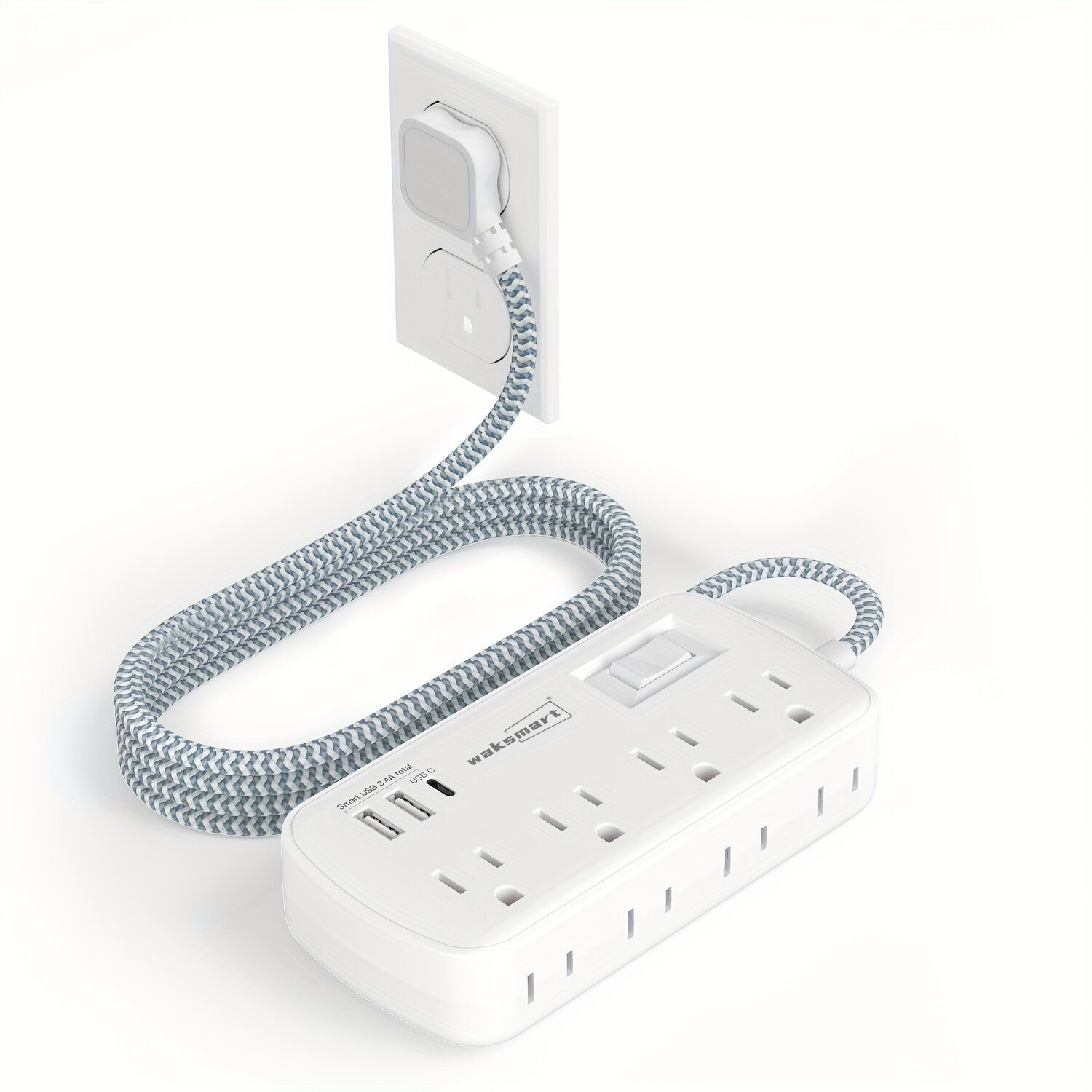 Компактный сетевой фильтр-удлинитель с 8 розетками и 3 USB-портами (включая USB-C), плоская вилка, плетеный кабель 5 футов, белый, настенный/настольный