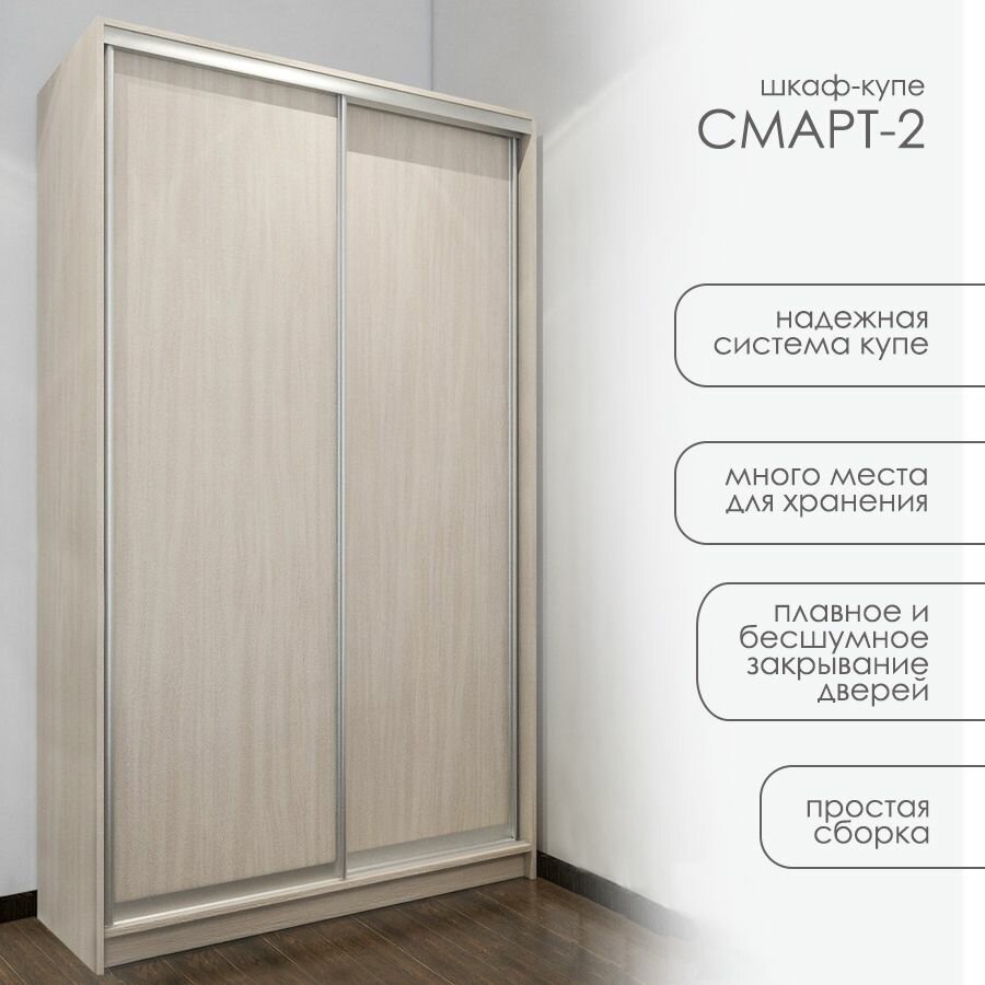 Шкаф-купе Смарт-2, 140*240*40, шимо светлый, серебро матовое, без зеркал, платье/белье