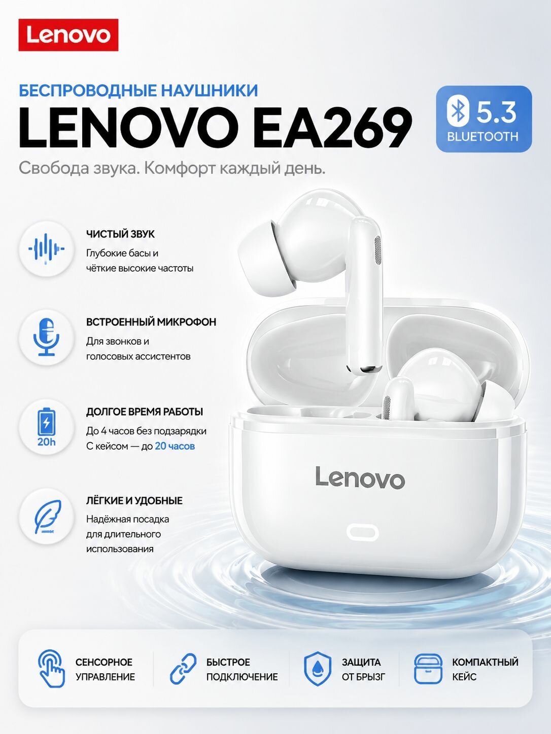 Lenovo Наушники беспроводные с микрофоном Leef MW-SW-B02, Bluetooth, USB Type-C, белый, прозрачный Bluetooth наушники USB Type-C белый прозрачный