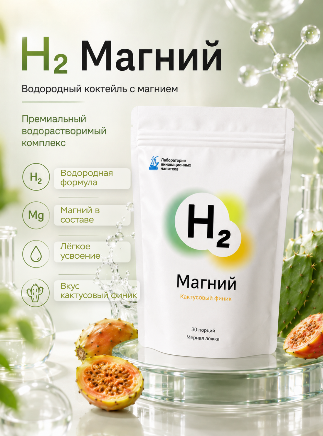 H2Магний - водородный цитрат магния + B6 - 240 г вкус Кактусовый финик