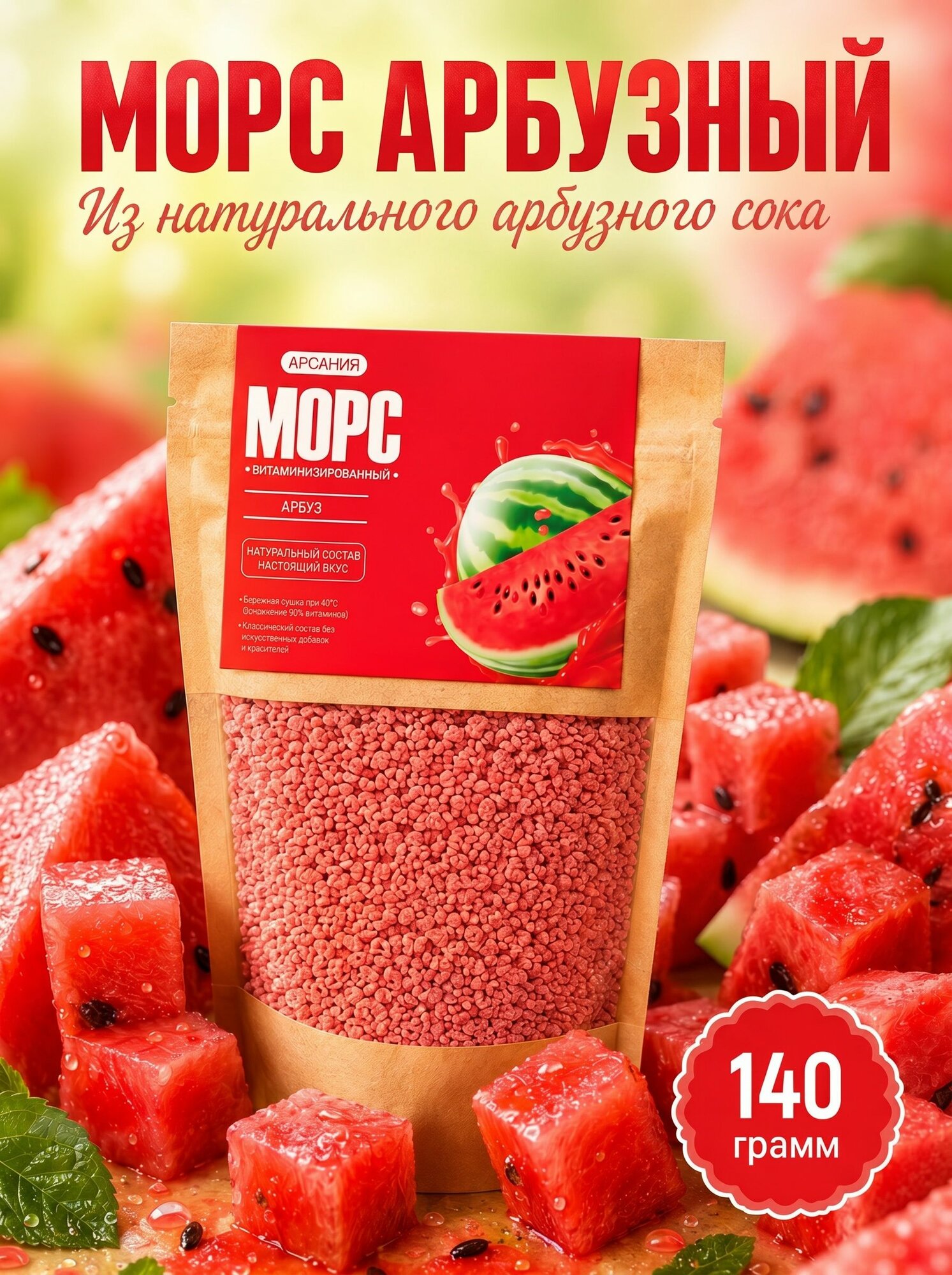 Морс концентрат арбуз в пакетике 140 гр сухой с витаминами быстрорастворимый без варки с натуральным соком