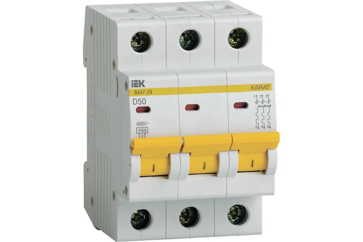 Автоматический выключатель IEK ВА47-29 3P 50А характеристика D 4.5кА модульный на DIN-рейку