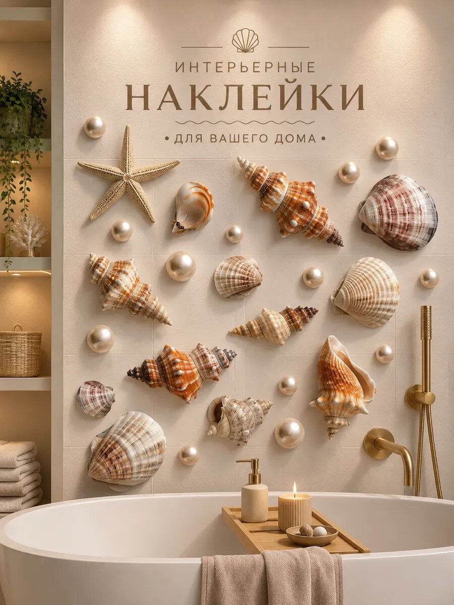 Наклейки на стену для декора интерьерные ракушки с жемчугом