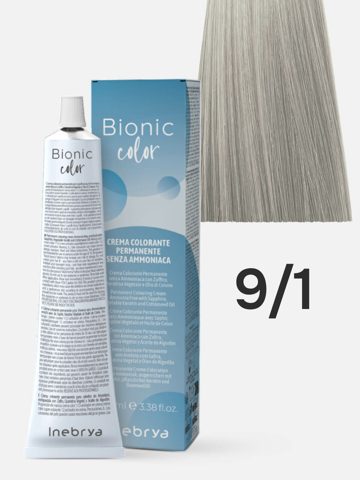 Крем - краска для волос профессиональная без аммиака Inebrya Bionic Color 9/1 Блонд Пепельный, 100 мл