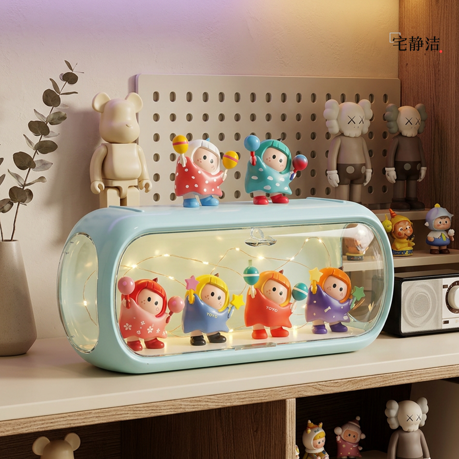 Коробка-витрина для хранения фигурок Miniso Yoyo (слепые коробки) Синий+световая гирлянда+прожектор