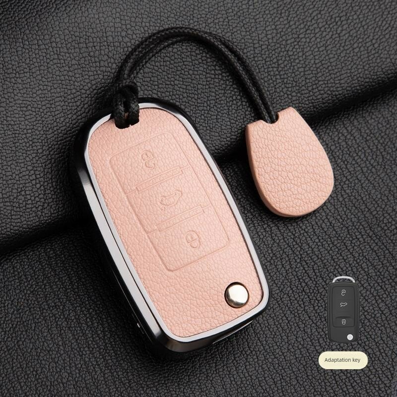 Автомобильный чехол для ключей Volkswagen из натуральной кожи козы, простой шнур, цвет сакура розовый