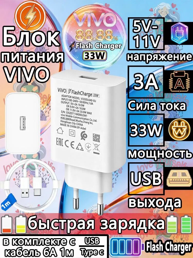 Зарядка для VIVO Flash Charger 33W с поддержкой быстрой зарядки, VIVO IQOO Зарядное устройство для телефона, с кабель USB Type-С 6A 1м в комплекте