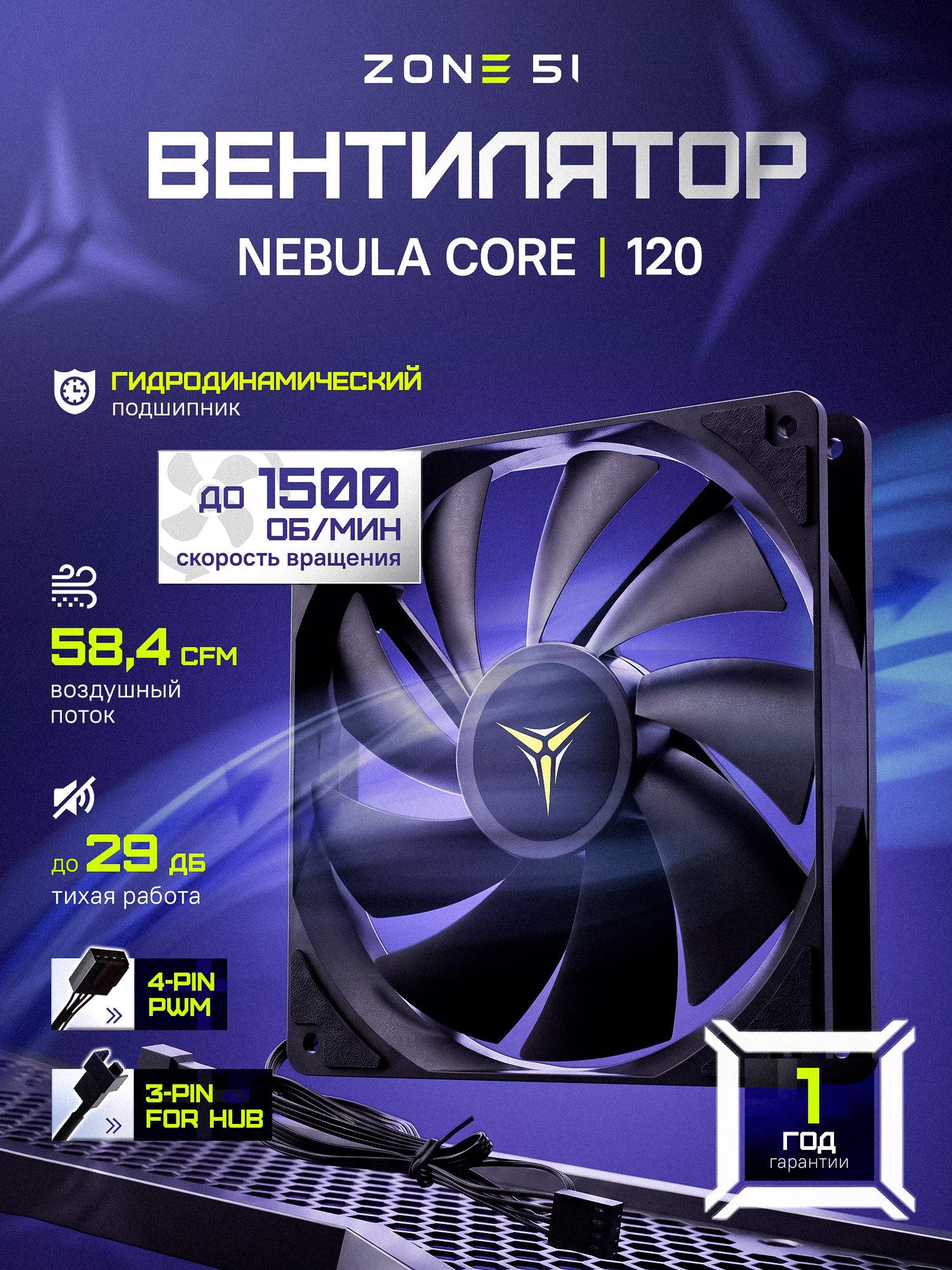 Вентилятор для компьютера ZONE 51 NEBULA CORE 120 Black, черный