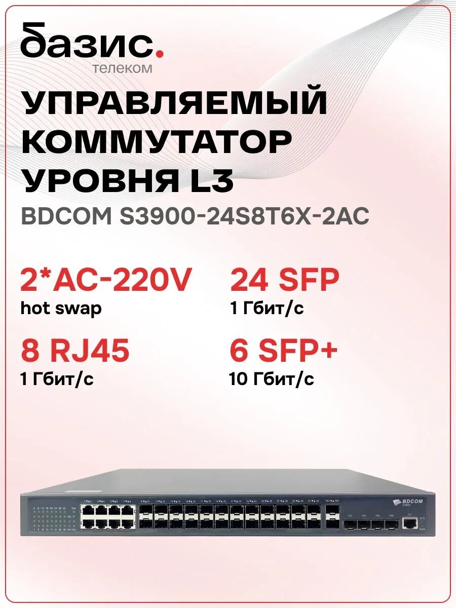 Управляемый коммутатор уровня 3 BDCOM S3900-24S8T6X-2AC, 32x1 Гбит/с, SFP/uplink: SFP+x6