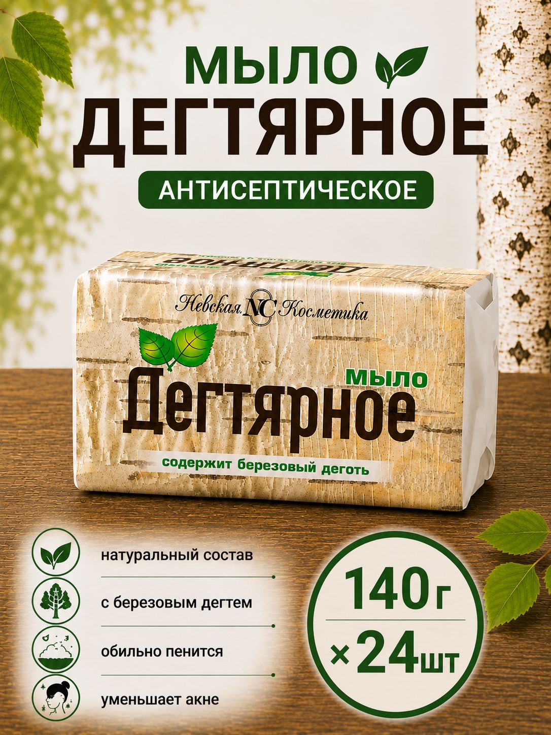 Мыло Дегтярное Невская косметика Антисептическое 140 г 24 шт