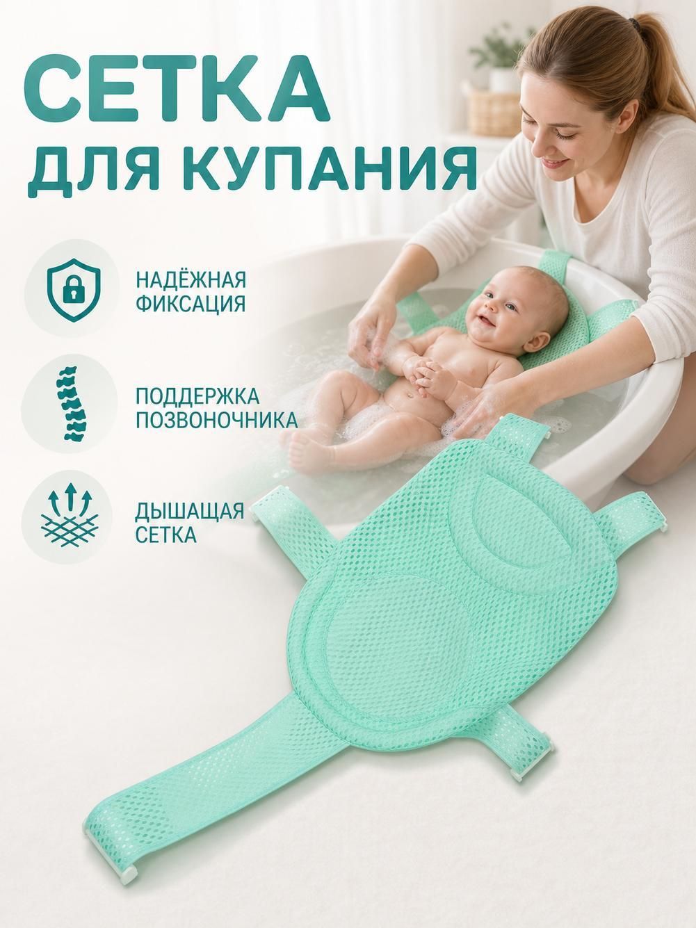 Горка для купания, регулируемая, из дышащего полиэстера, с мягким подголовником, белая с рисунком