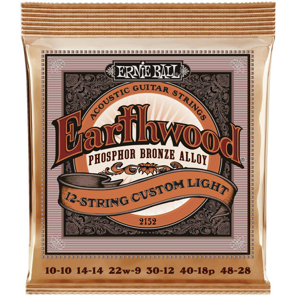 Струны для 12 струнной акустической гитары ERNIE BALL 2152 Phosphor Bronze Custom Light, калибр 10-48