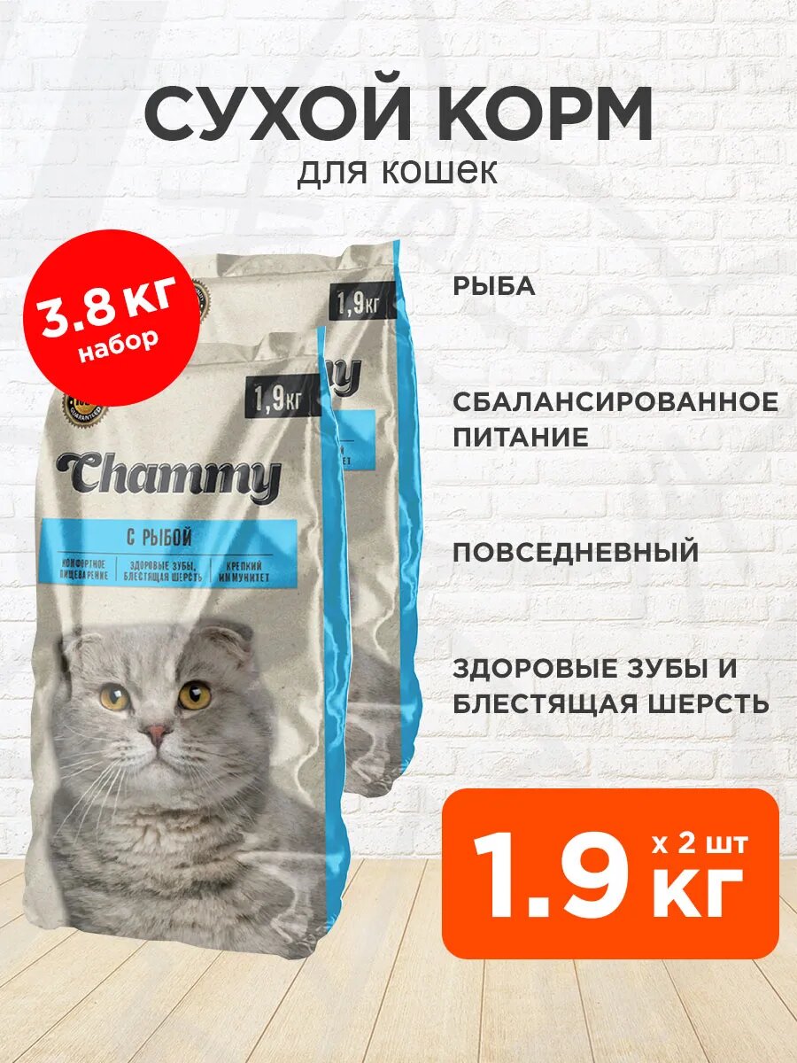 Корм сухой Chammy для взрослых кошек, рыба, 1,9 кг 2 шт
