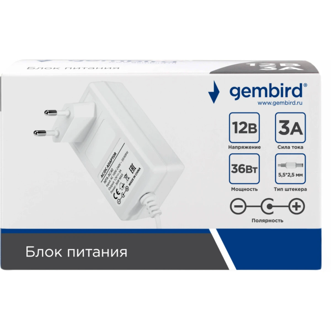 Блок питания Gembird NPA-AC40, 12В/3А, 36Вт, 1 штекер 5.5х2.5мм, белый — фото 1