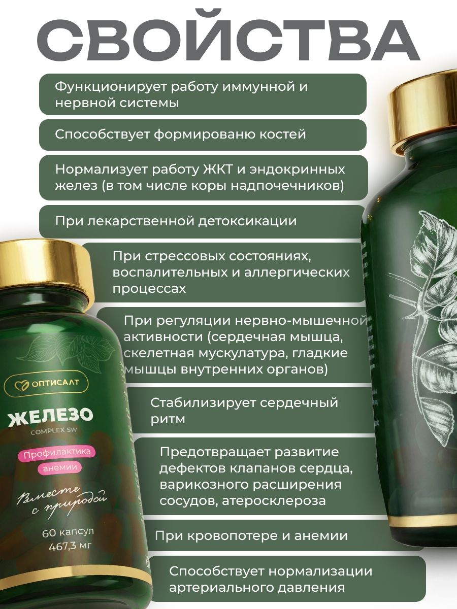 Железо бисглицинат 60 капсул для повышения гемоглобина при анемии, железодефиците, витамины С, В6, В9, В12, фолиевая кислота, магний, медь, без запора — фото 1