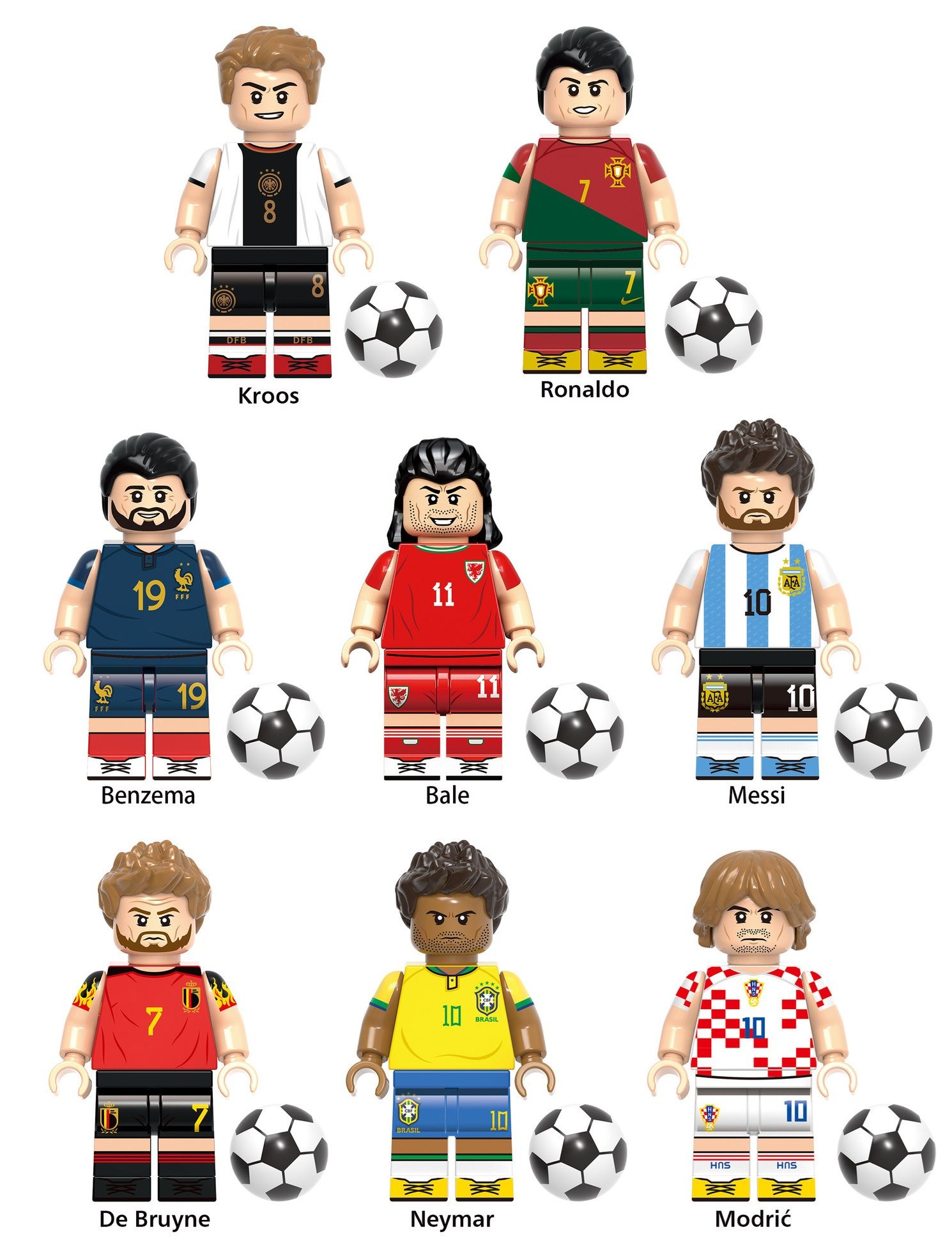 Набор минифигурок Футбол фифа / FIFA Роналду, Месси, Бэйл, Бензема совместимы с конструкторами лего 8шт (4.5см, пакет) G0103