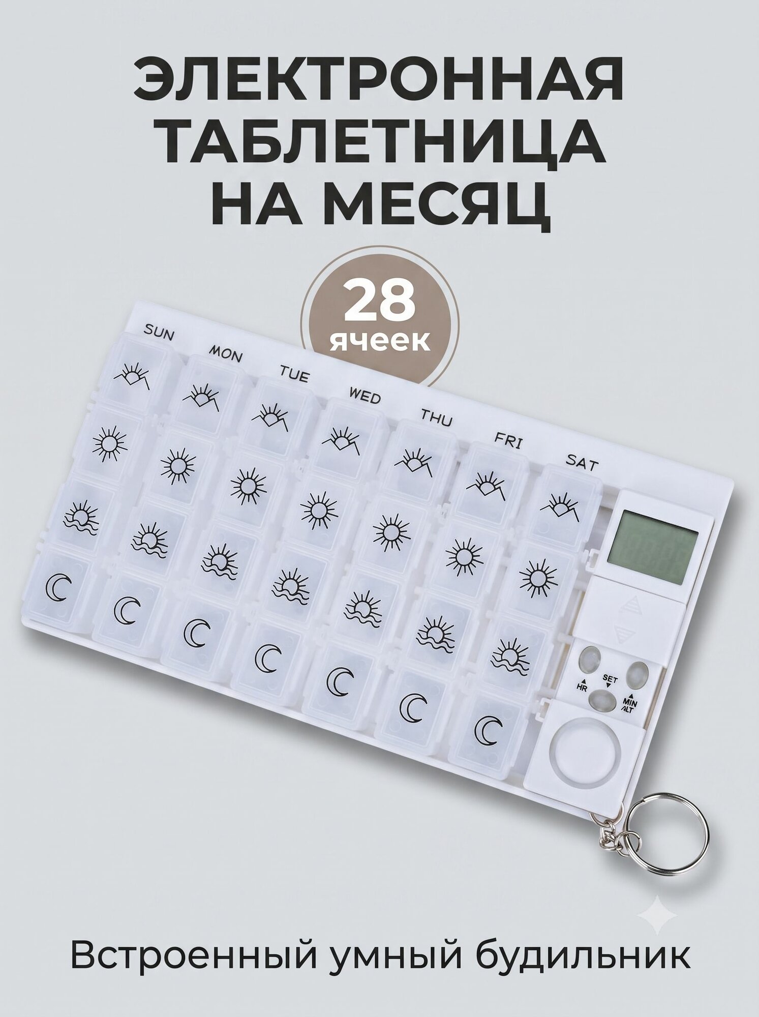 Большая электронная таблетница на месяц (28 ячеек) с будильником, умный органайзер для лекарств