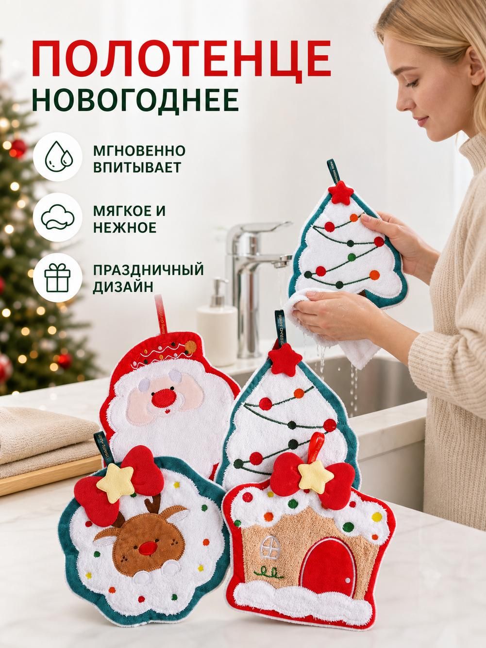 Полотенце махровое новогоднее "Олень", зеленое, с аппликацией