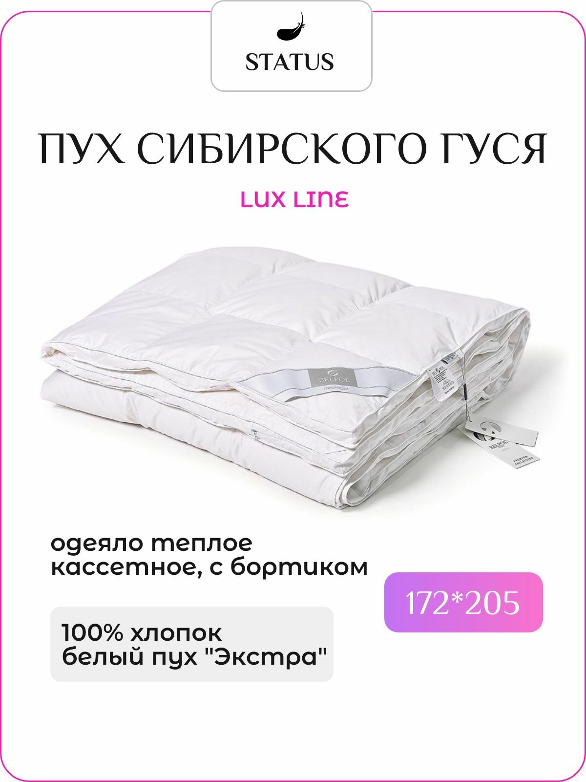 Одеяло 2 спальное 172*205 см STATUS, теплое пуховое натуральное