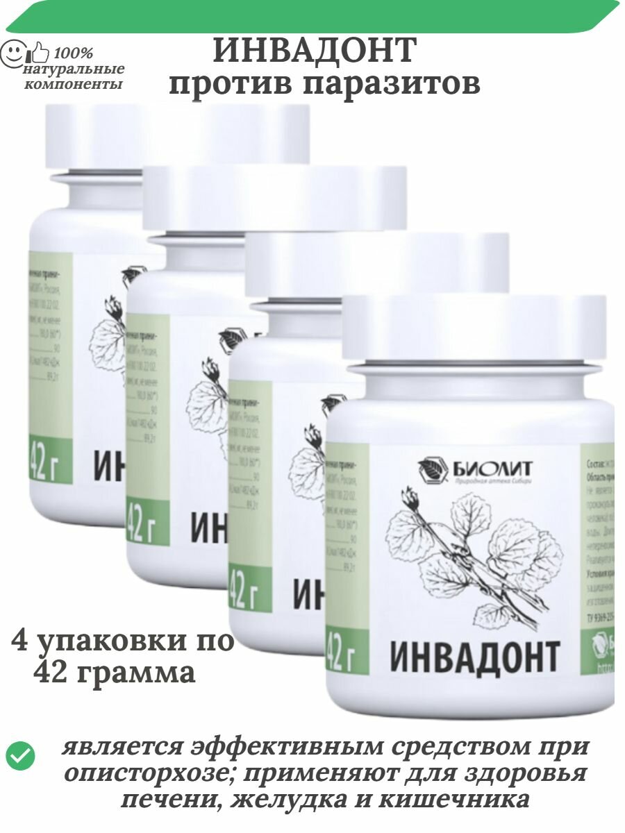 Инвадонт Биолит, гранулы, для здоровья печени и ЖКТ, желчегонное, от паразитов, 4 упаковки по 42г