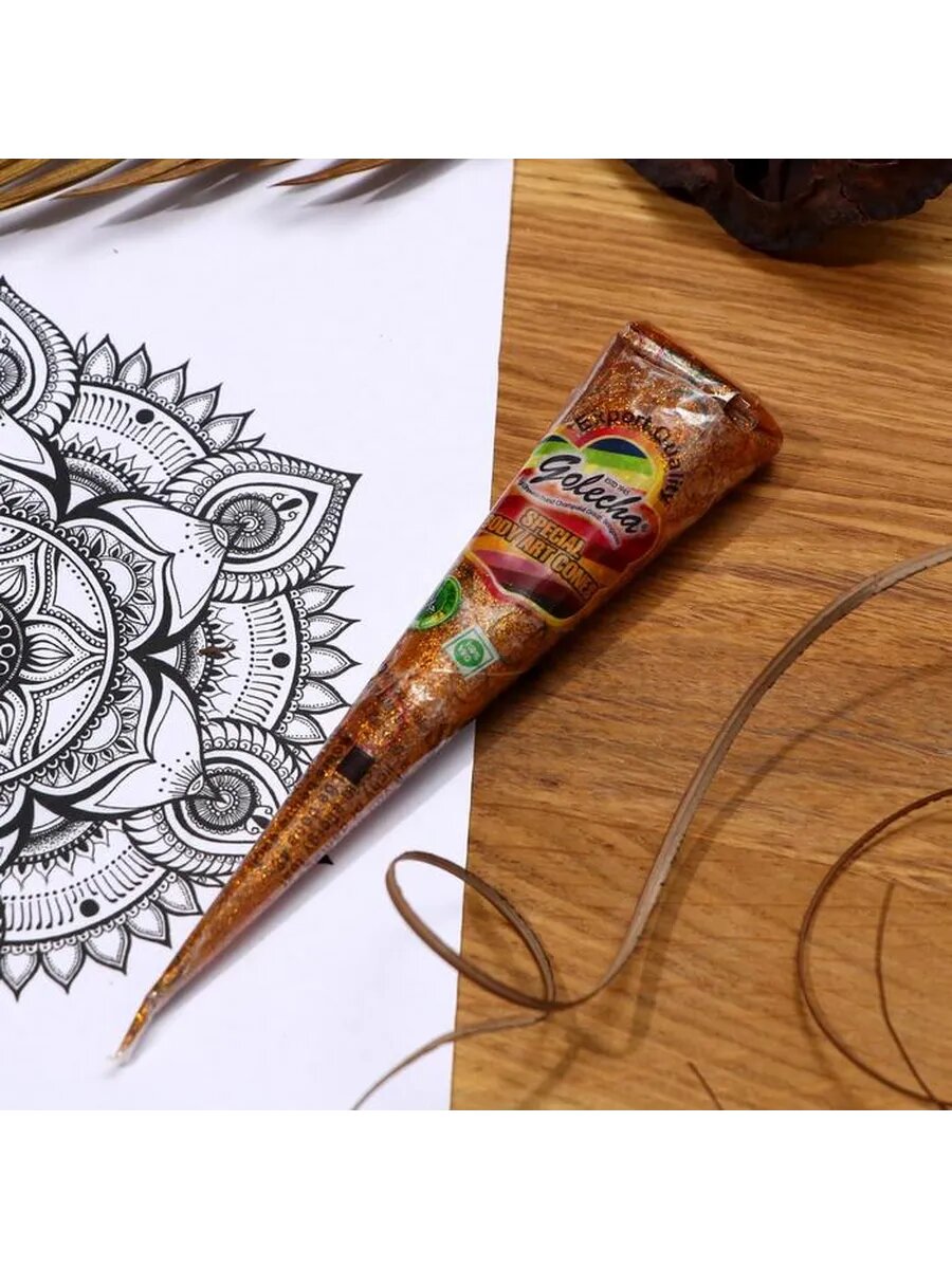 Хна "Golecha" с блестками, для мехенди, золотистый цвет, в конусе