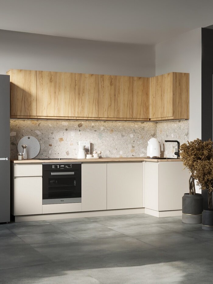 Кухонный гарнитур угловой «Лира», с столешницей, 2600×1000 мм, цвет кашемир/дуб крафт золотой/дуб кера