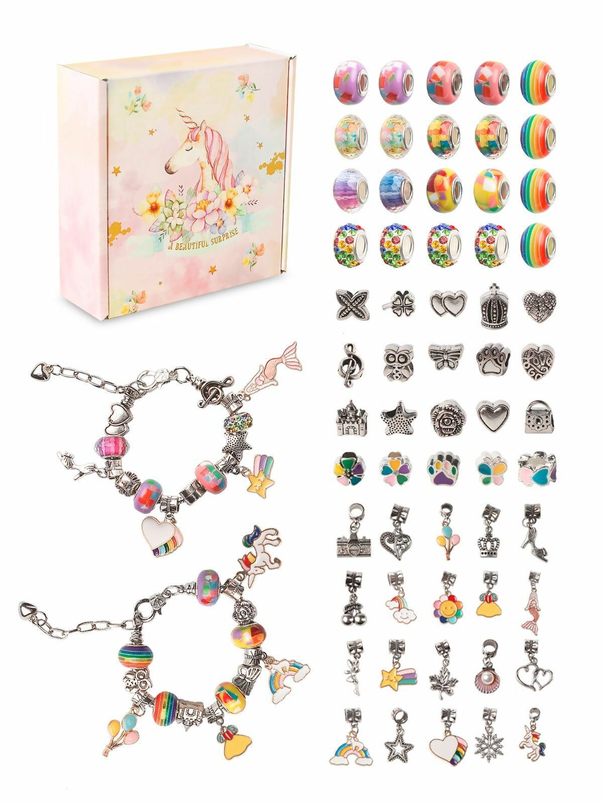 Детский подарочный набор для создания браслетов с шармами "Единорог" - 66 предметов для девочек, браслет на день рождения, подарок для творчества, детская бижутерия, украшения