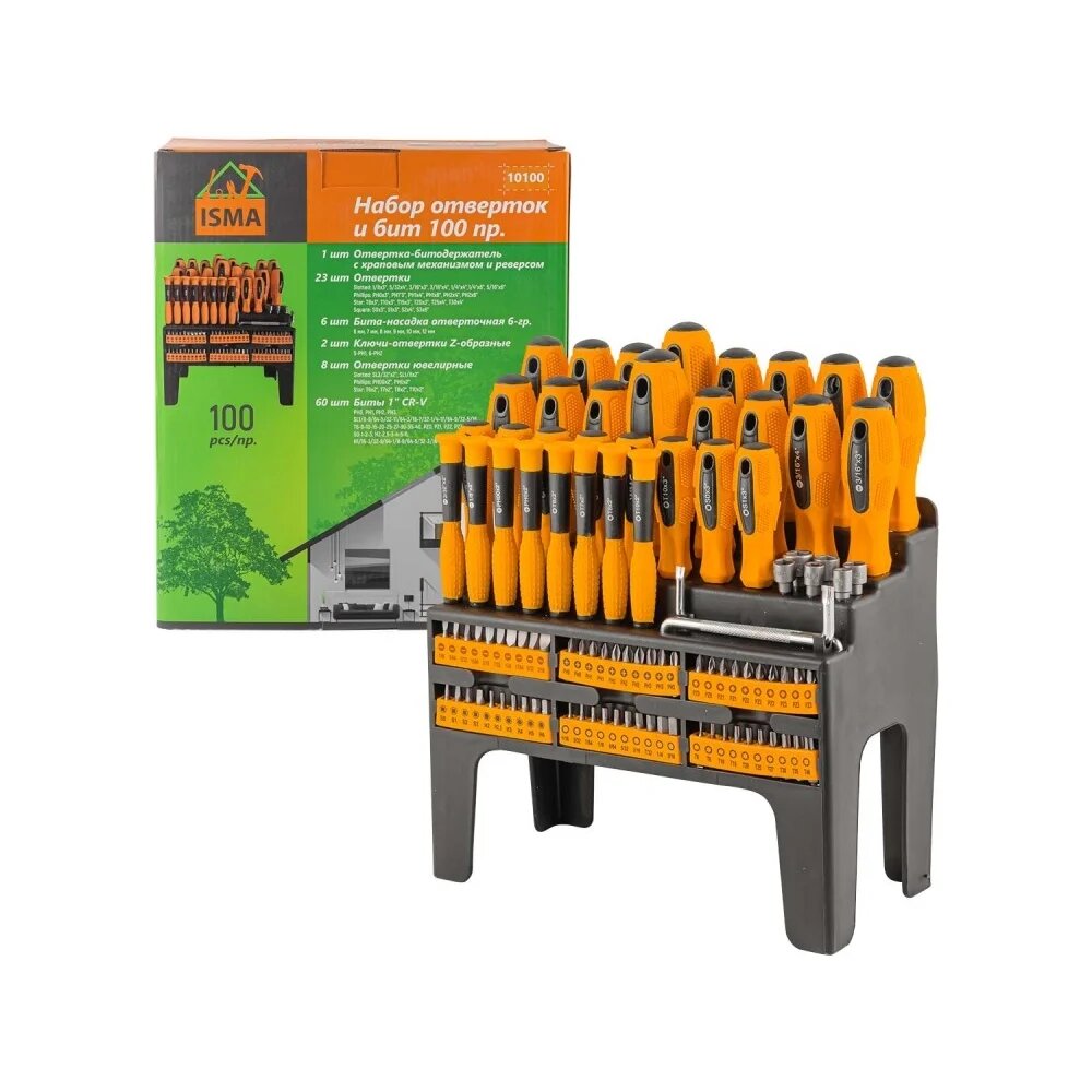 Набор отверток и бит ISMA 100пр, на пластиковом стенде ISMA-10100(51781)