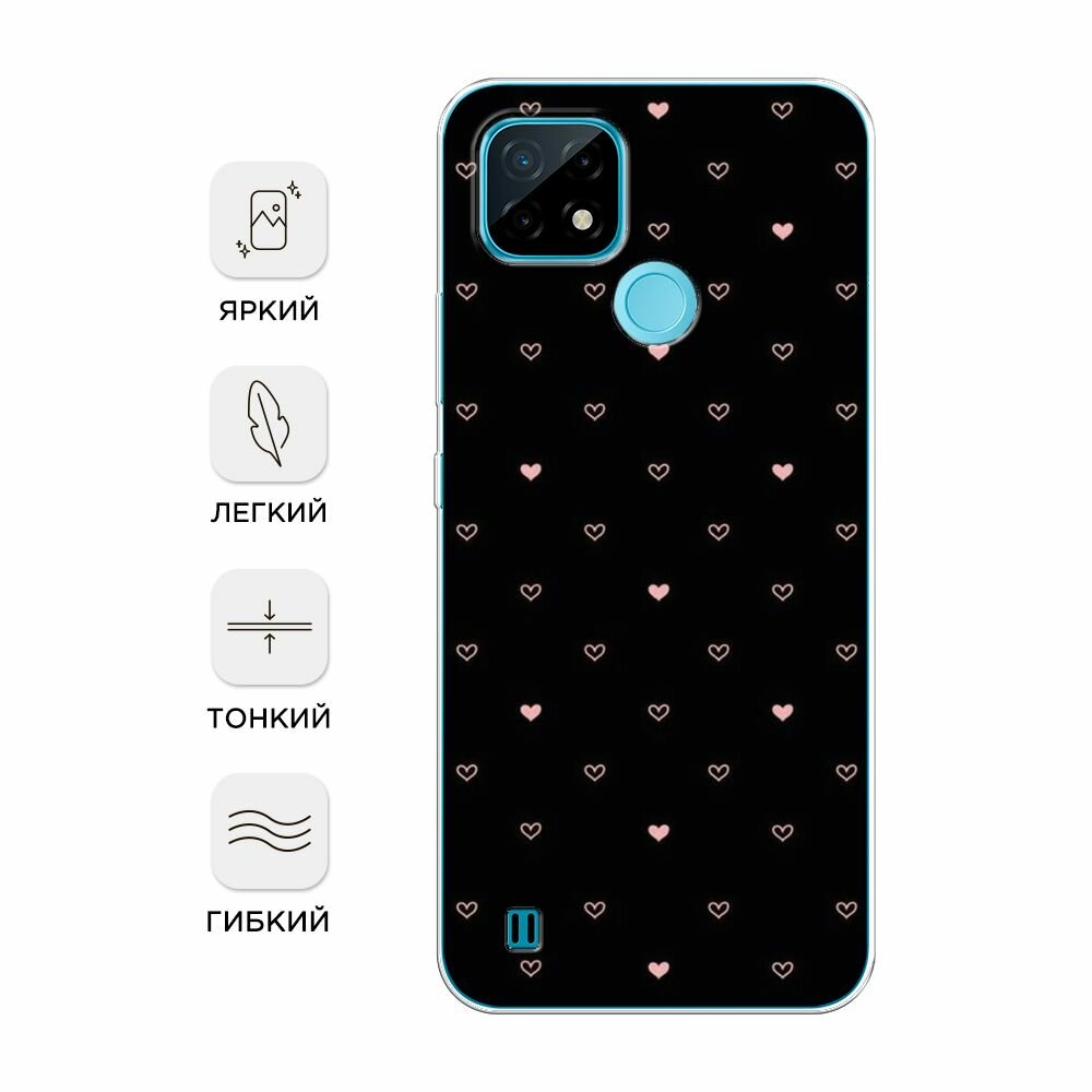 Чехол на Realme C21 / Реалми С21 с принтом "Черный фон и сердечки" — фото 1