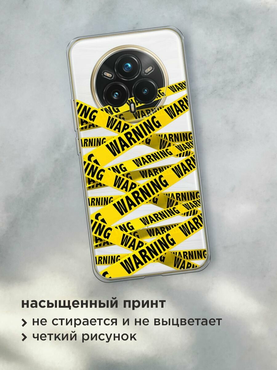 Чехол на Realme 14 Pro+ / Реалми 14 Про+ с принтом "Warning!", прозрачный — фото 1