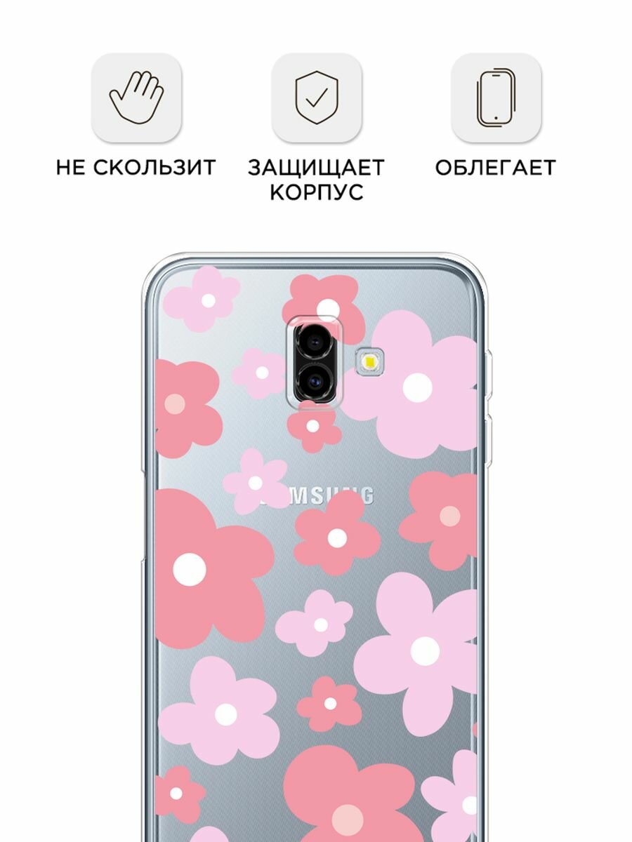 Чехол на Samsung Galaxy J6 + / Самсунг Галакси J6 Плюс 2018 с принтом "Нежные розовые цветочки рисунок", прозрачный — фото 1
