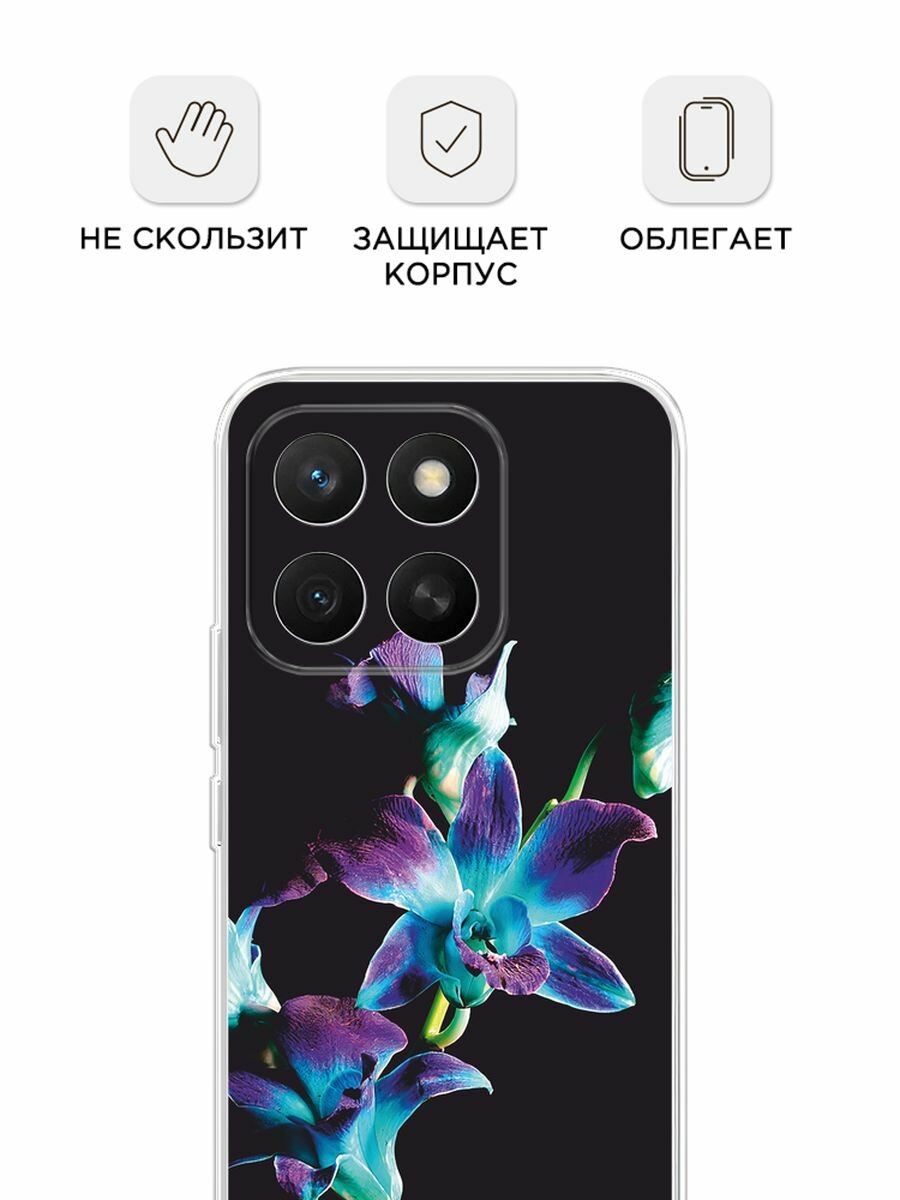 Чехол на Honor X8c / Хонор X8c с принтом "Синий цветок на черном" — фото 1