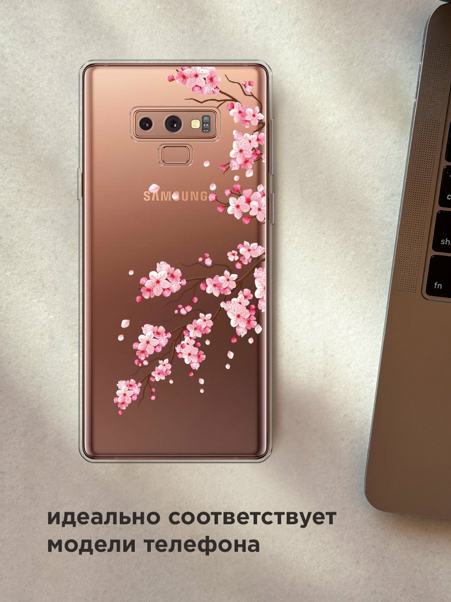 Чехол на Samsung Galaxy Note 9 / Самсунг Галакси Нот 9 с принтом "Цветущая ветка сакуры рисунок", прозрачный — фото 1
