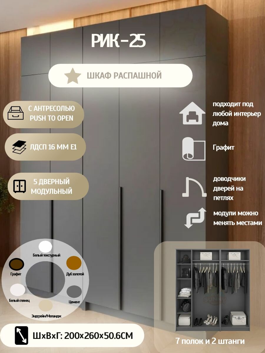 Шкаф распашной РИК 25, 5дв. с антресолью, модульный, (Графит), 260х200.1х50.6 см.