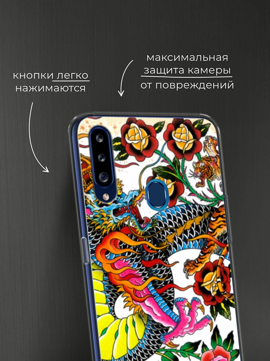 Чехол на Samsung Galaxy A20s / Самсунг Галакси A20s с принтом "Дракон в цветах" — фото 1