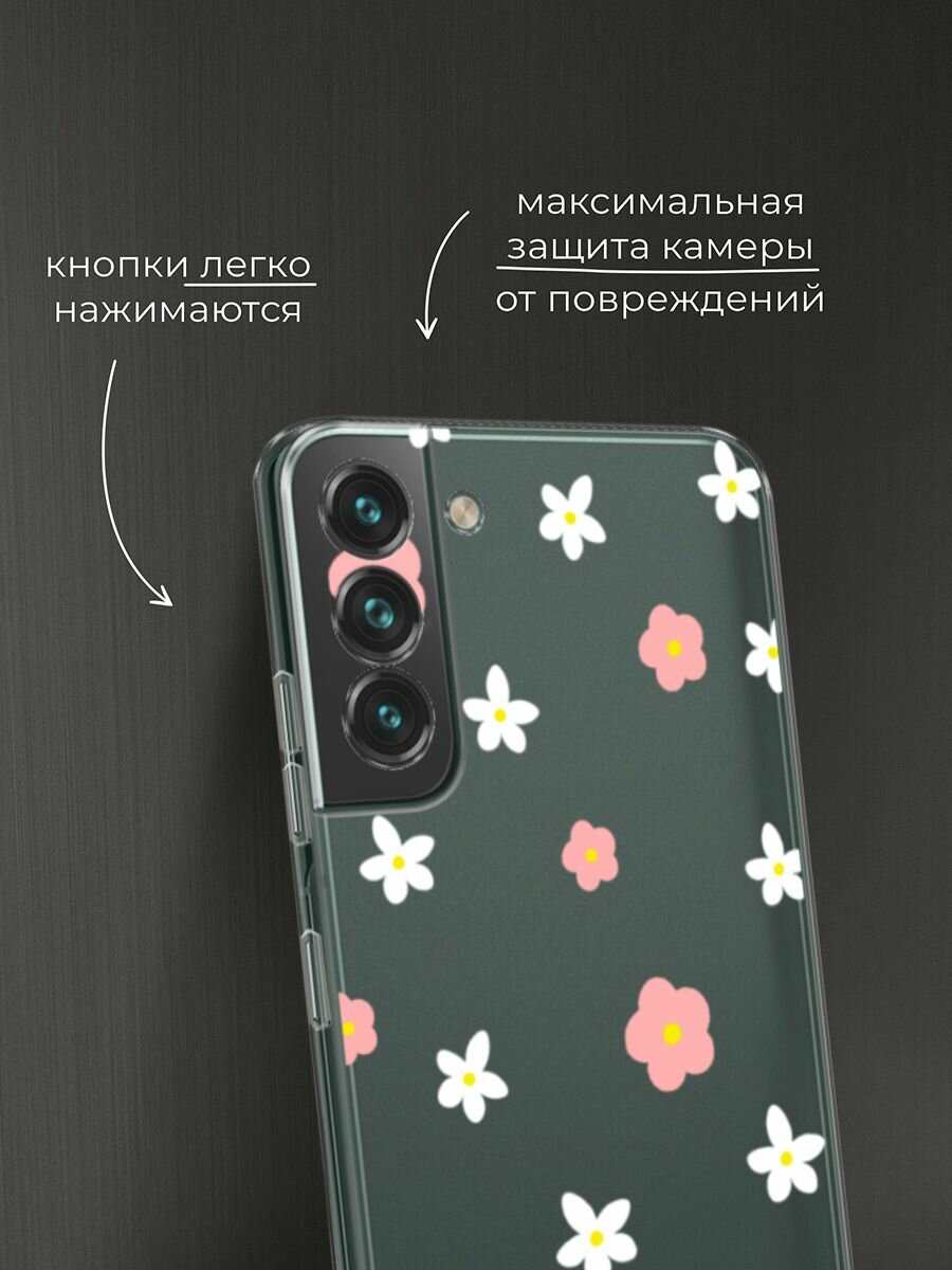 Чехол на Samsung Galaxy S22 + / Самсунг Галакси S22 Плюс с принтом "Розовые и белые цветы", прозрачный — фото 1