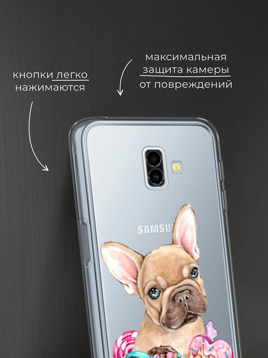 Чехол на Samsung Galaxy J6 + / Самсунг Галакси J6 Плюс 2018 с принтом "Бульдог и сладости", прозрачный — фото 1