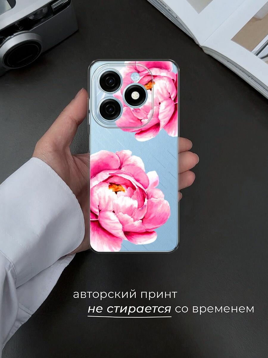 Чехол на Tecno Spark 20 / Текно Спарк 20 с принтом "Open peonies", прозрачный — фото 1