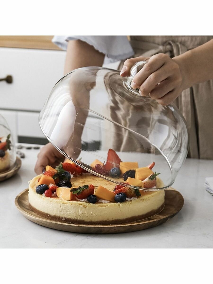 Тортница, диаметр 28 см, 1 шт，тарелка из дерева акации толщиной 28 см + стеклянная крышка толщиной 26 см
