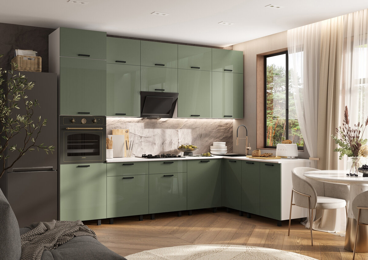 Кухня Техно 3,0х1,8 Компоновка №6 (Олива глянец, Белый (Антарес))