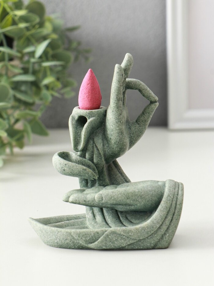 Подставка для благовоний «Мудра Витарка - Колесо учения», песчаник, стелющийся дым, 5.5×10.3×11.5 см