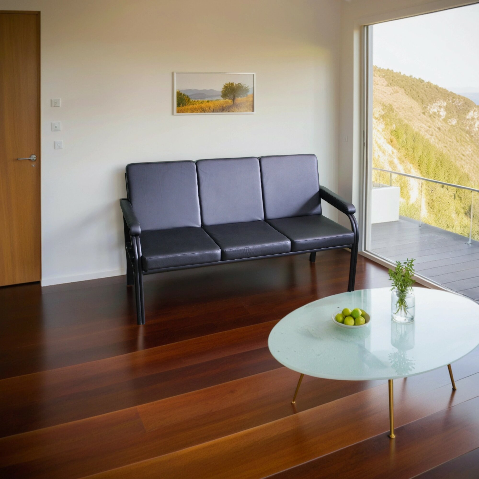 Диван офисный "Сириус Космо", 3х-местный, экокожа черная, разборный стальной каркас, на дачу, на кухню, в прихожую.