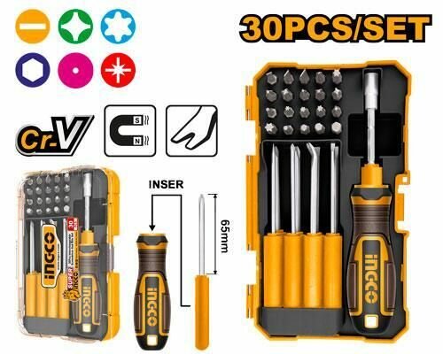 Отвертка со сменными стержнями 30 в 1 SUPER INGCO AKISD3001