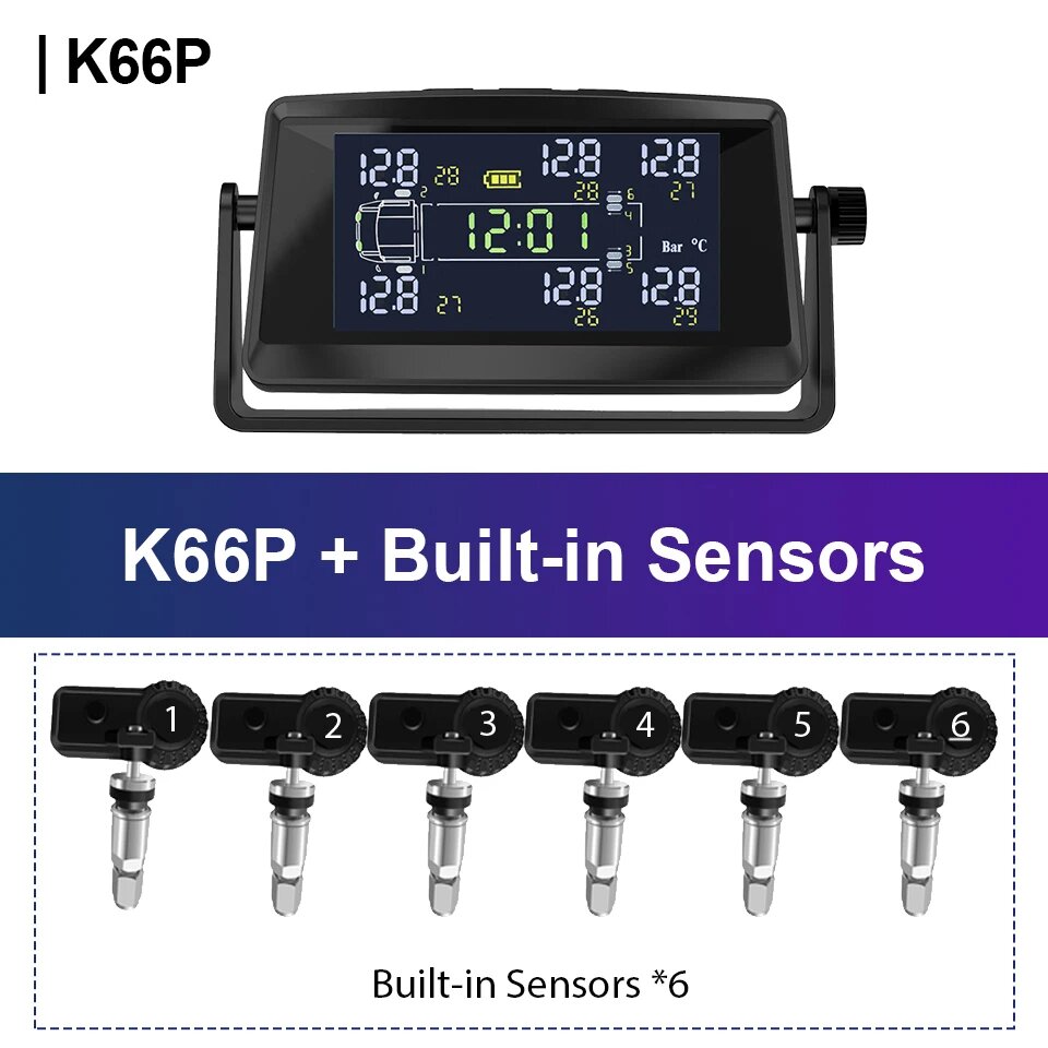 Система контроля давления в шинах TPMS 6 Датчик шин 0 ~ 8 бар Дисплей температуры и времени в шинах Защитная сигнализация с зарядкой от солнечной батареи/USB Built in sensor