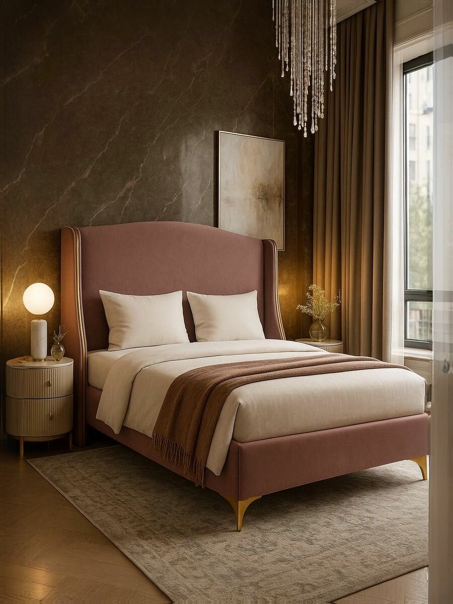 Двуспальная кровать NOTTE Joyce с мягким изголовьем, 140х200 см, неоклассика, натуральный велюр, лиловый, молдинг золото глянец