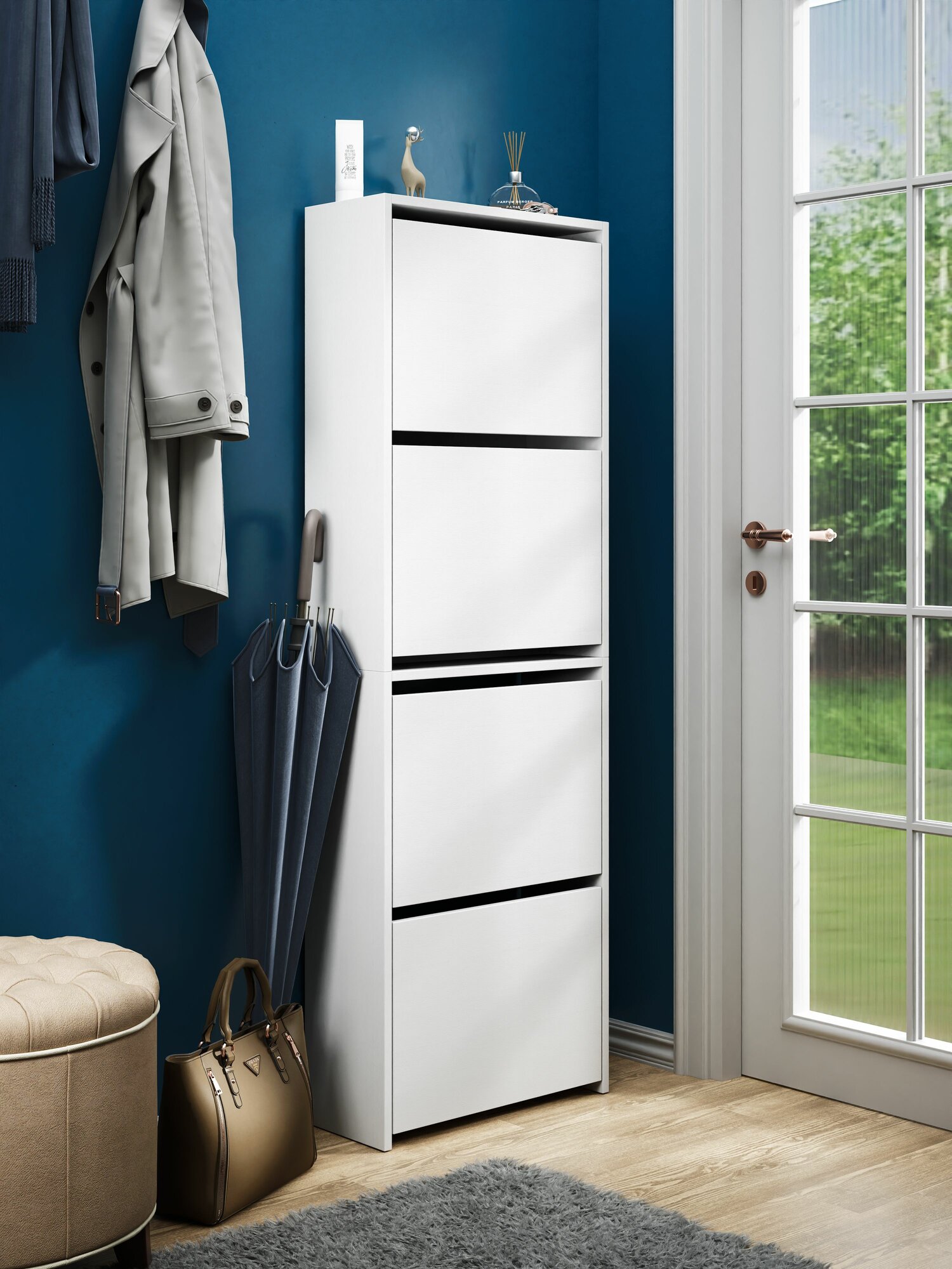 Обувница Лаура-8 белый в прихожую, тумба для обуви, закрытая деревянная, этажерка, полки, высокая ЛДСП, галошница