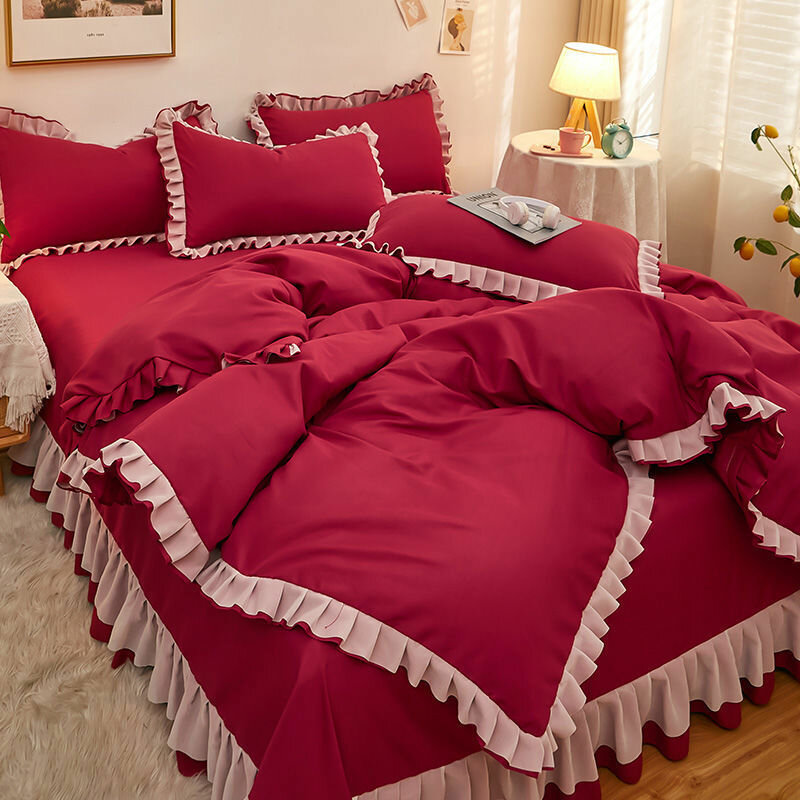 Комплект постельного белья из четырех частей в стиле принцессы, двухслойный однотонный пододеяльник с оборками в романтическом стиле, комплект постельного белья в корейском стиле,180*220cm