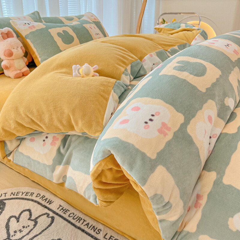 Зимний двухсторонний комплект постельного белья из молочного флиса из четырех частей, утолщенный и теплый пододеяльник из коралловой фланели, комплект простыней из трех частей для общежития,150*200cm