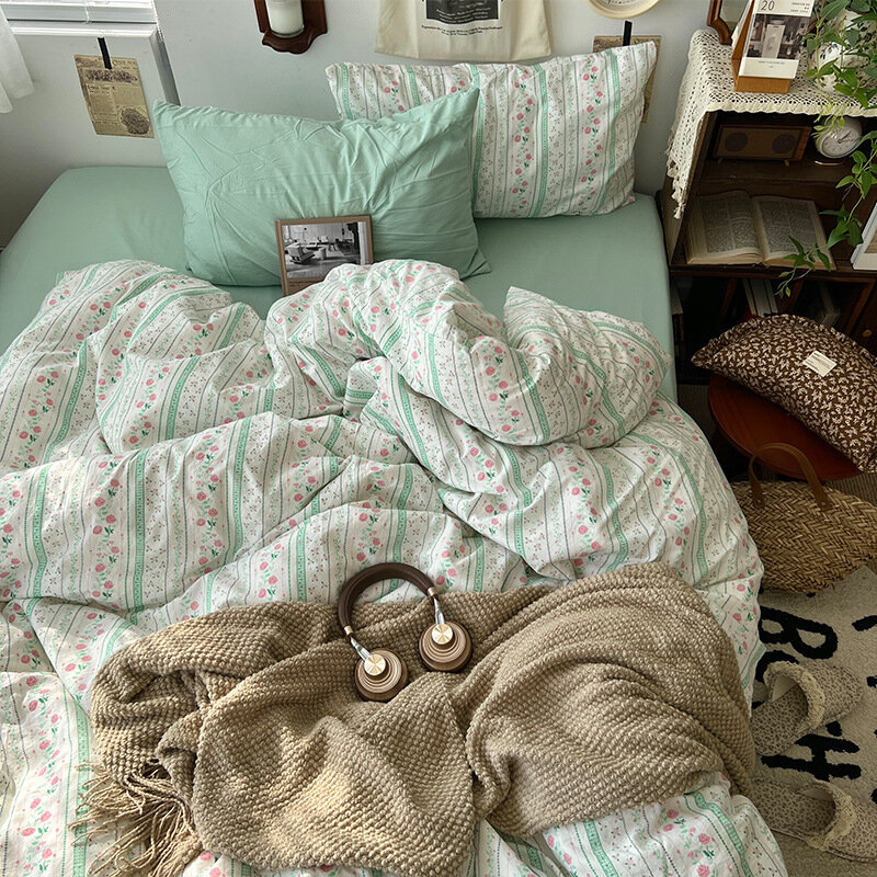 Комплект из четырех простыней из стираного хлопка с милым рисунком (класс А), осеннее постельное белье, пододеяльник для студенческого общежития, комплект из трех предметов,150*200cm